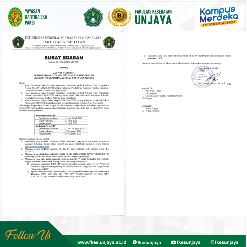 Surat Edaran Jadwal Yudisium Periode III dan IV Tahun 2023 Fkes Unjaya ... Surat Edaran Jadwal Yudisium Periode III dan IV Tahun 2023 Fkes Unjaya ...
